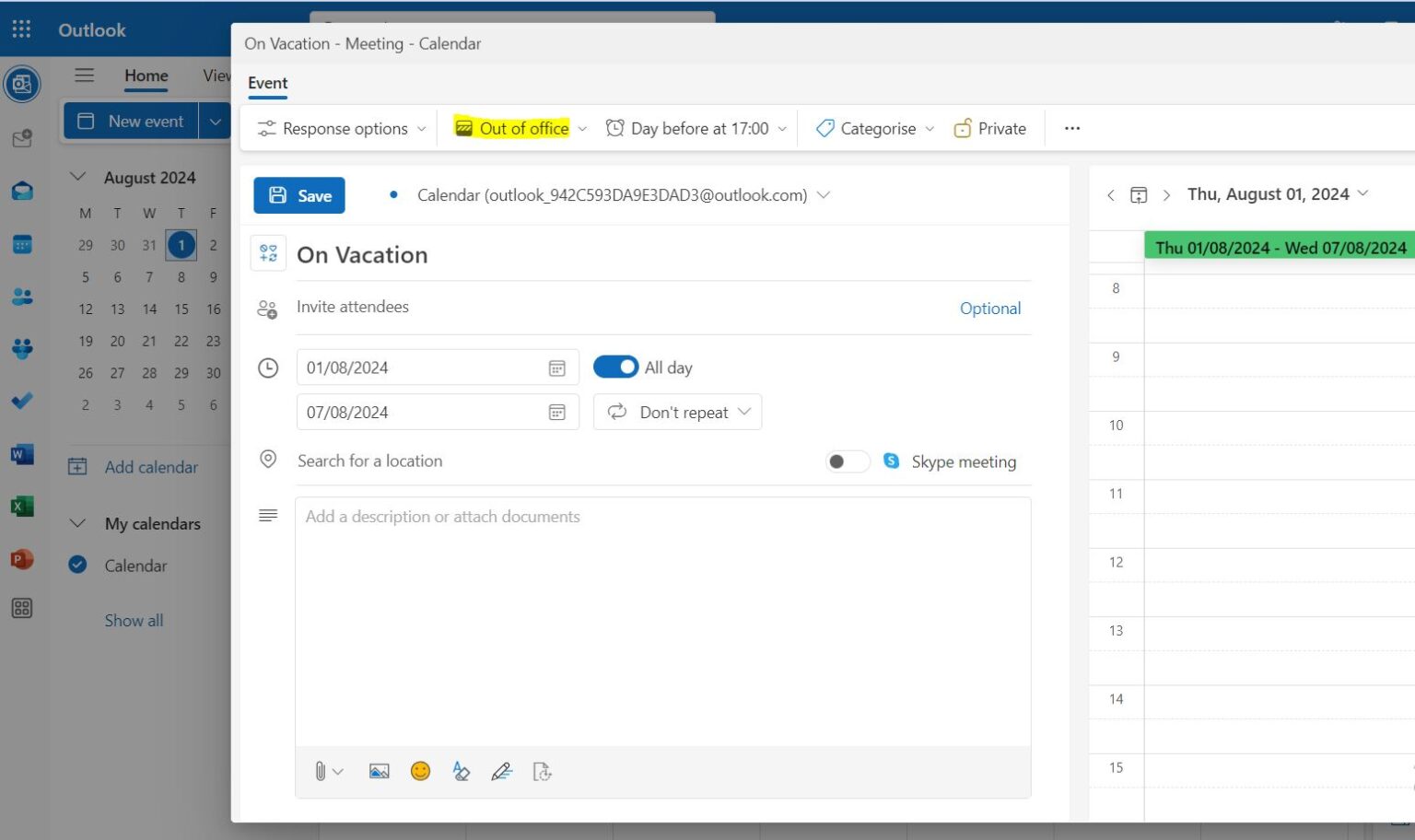 How to Set Up Out of Office in Outlook Calendar - Day Off